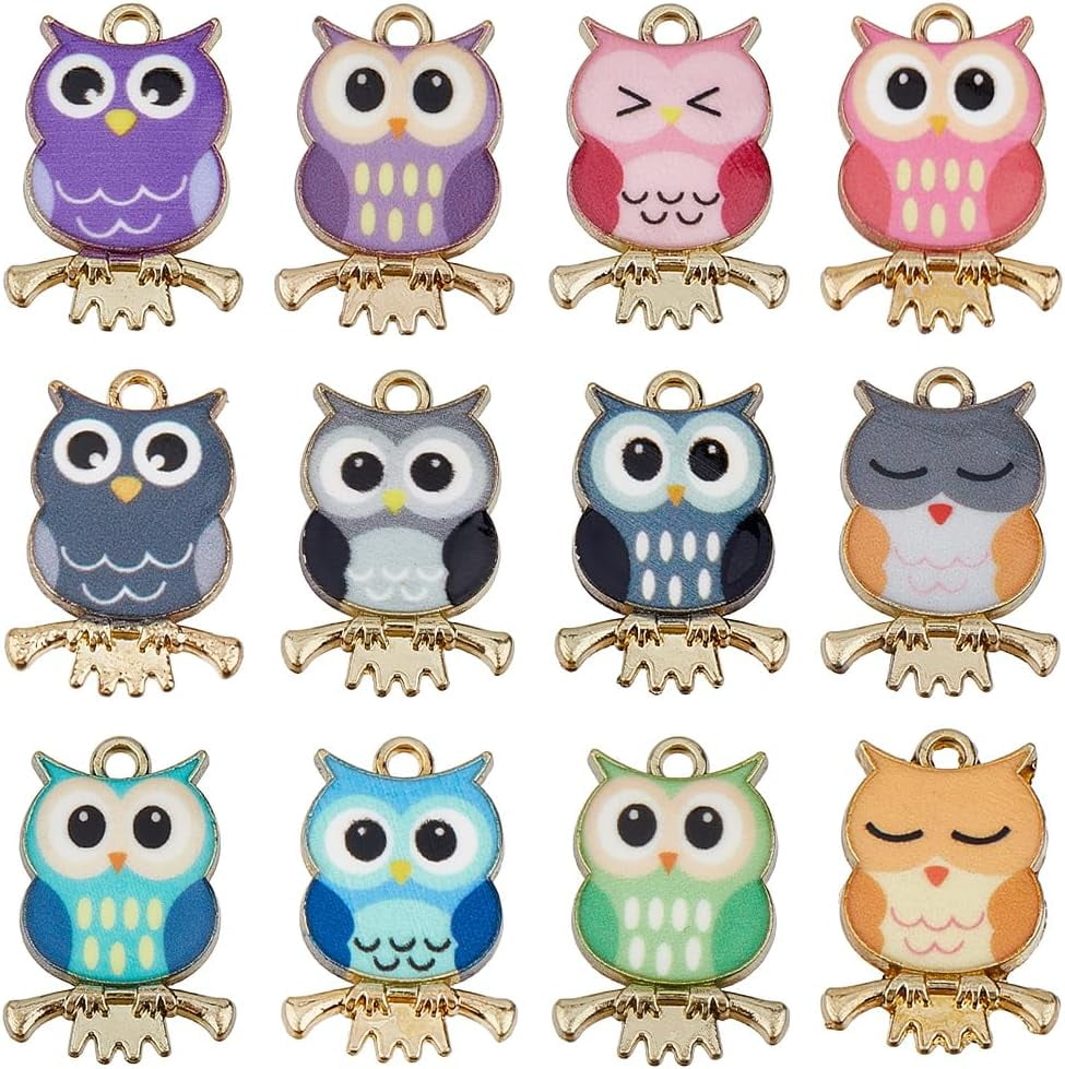 1 Box 48Pcs 12 Styles Alloy Owl Charm Bird Charms Bulk Golden Metal ...