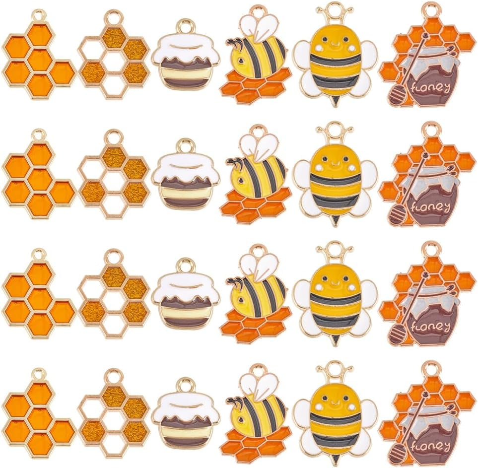 1 Box 48Pcs 6 Styles Gold Honeycomb Charms Bee Pendant Charms Hollow ...
