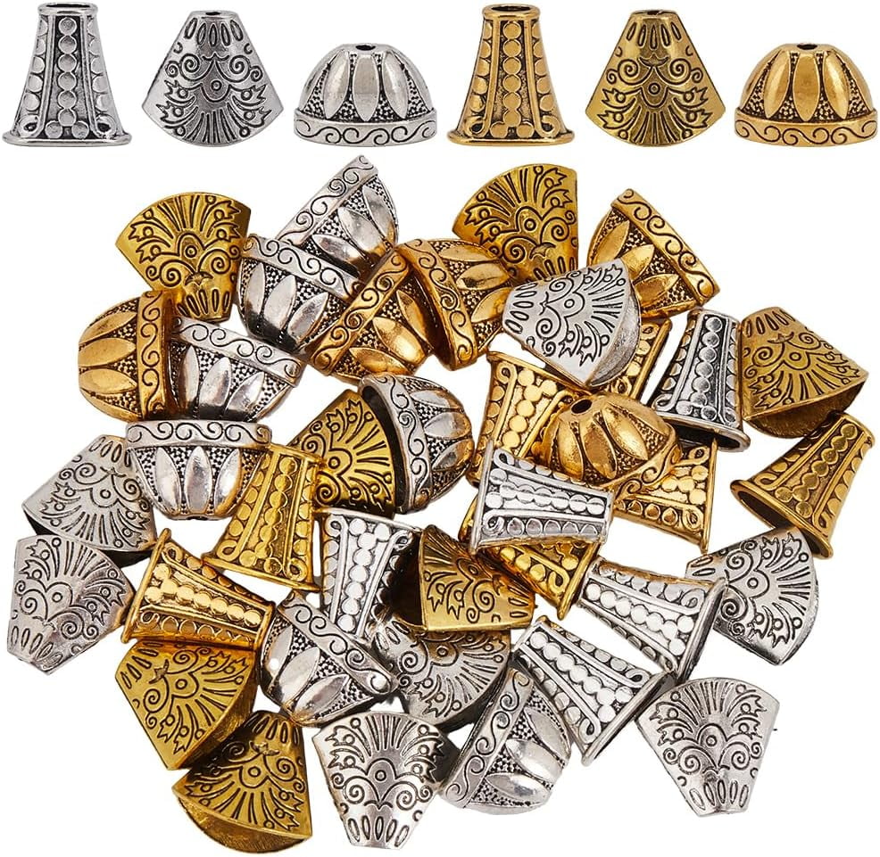 1 Box 48Pcs Cone Bead Caps Silver Bead End Caps Bulk Alloy Textured ...