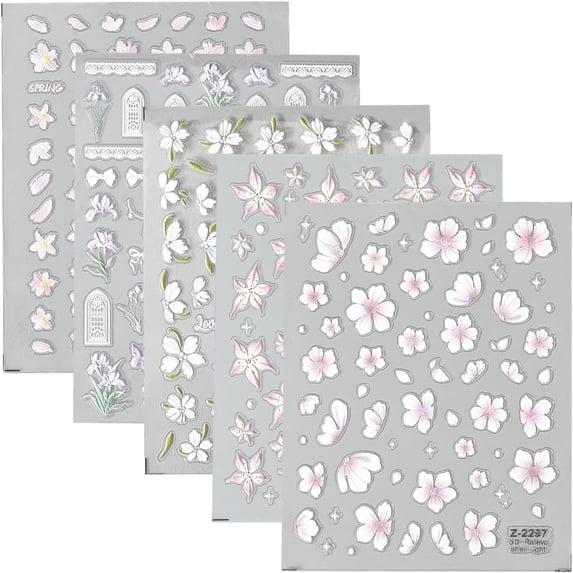 1 Box 5 Sheets 5 Styles 5D Spring Embossed Nail Art Stickers Flower ...