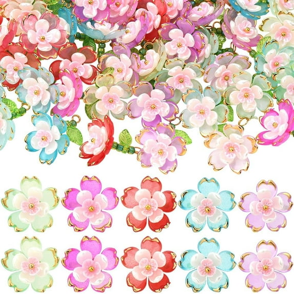 1 Box 50Pcs 5 Colors Acrylic Flower Charms Bulk Cherry Blossom Charms ...
