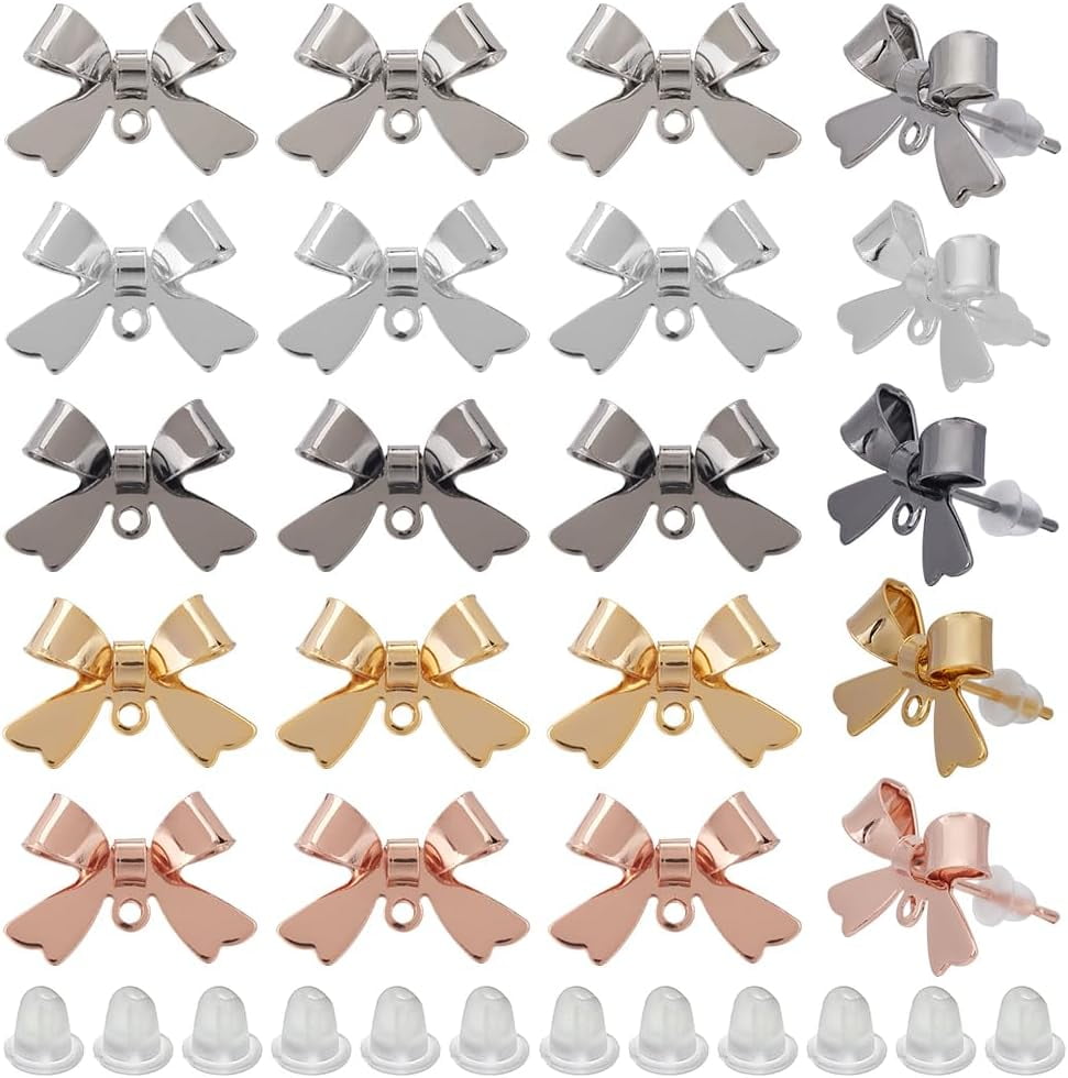 1 Box 50Pcs Bow Earring Post Bow Stud Earring Post Gold Brass Real 18k ...