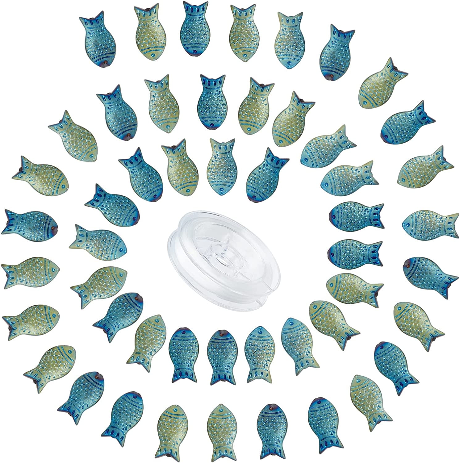 1 Box 50Pcs Fish Beads Bulk Blue Glass Sea Ocean Animal Double Sided ...