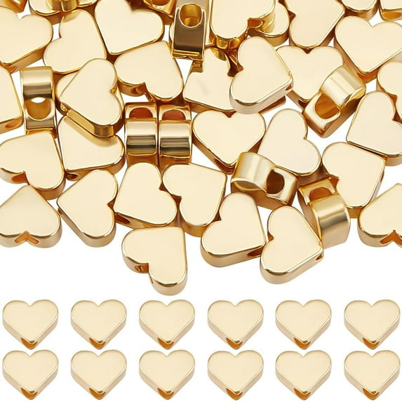 1 Box 50Pcs Gold Heart Beads Real 18K Gold Plated Brass Love Heart ...