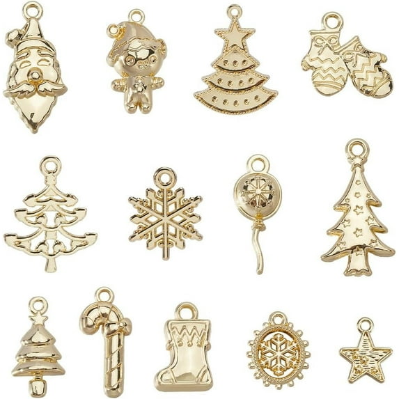 1 Box 52Pcs 13 Styles Metal Christmas Charms Gold Christmas Tree Charm ...