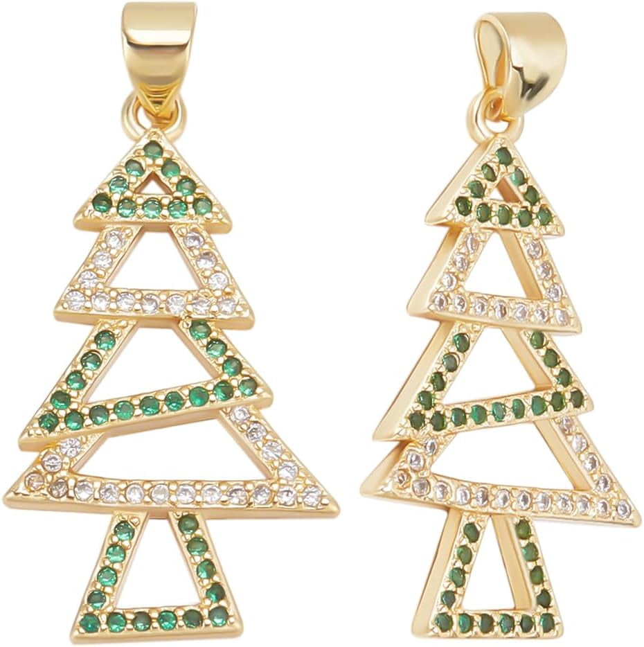 1 Box 5Pcs Christmas Tree Charms 18K Gold Plated Hollow Tree Charms Clear Green Cubic Zirconia ...