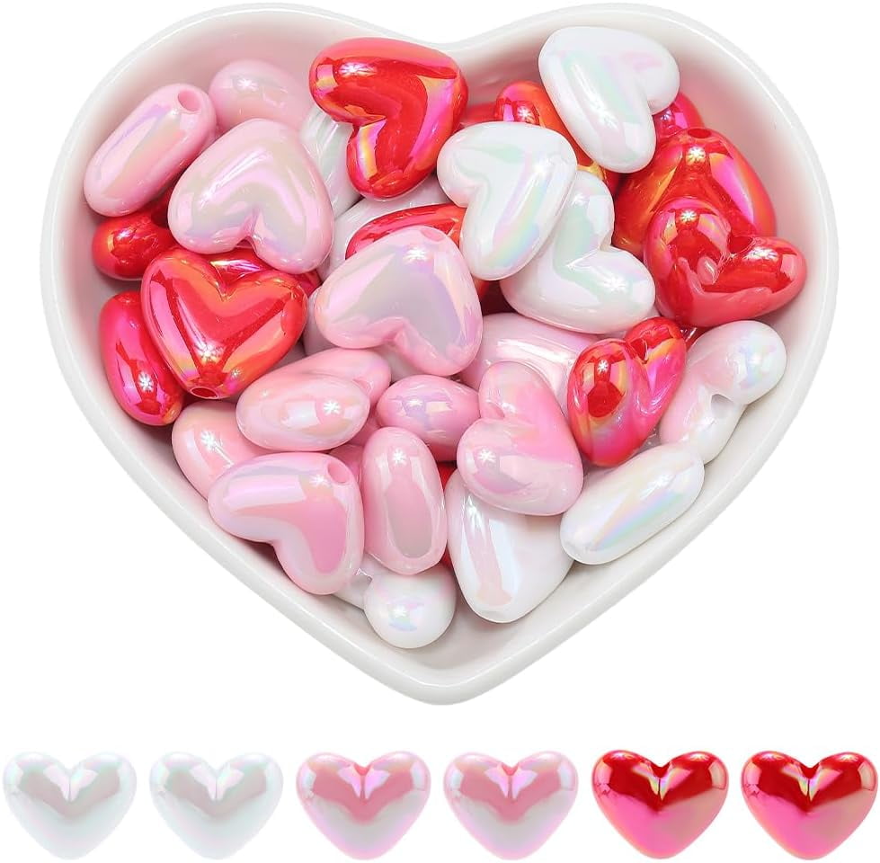 1 Box 60Pcs 3 Colors AB Heart Beads Valentine's Day Beads Large Acrylic ...
