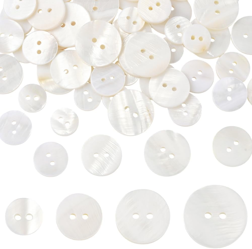 1 Box 60Pcs 4 Styles Round Shell Buttons 2 Hole Craft Buttons White ...