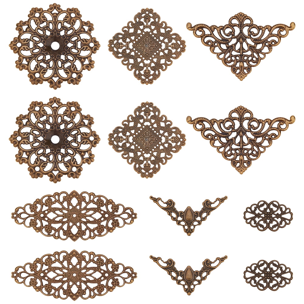 1 Box 60Pcs 6 Styles Bronze Filigree Metal Filigree Pieces Iron Flower ...
