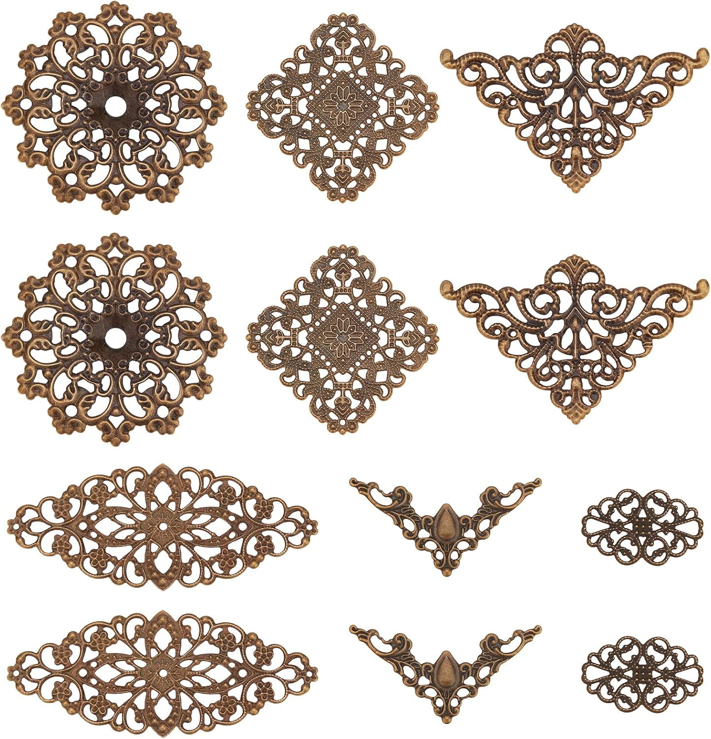 1 Box 60Pcs 6 Styles Bronze Filigree Metal Filigree Pieces Iron Flower ...