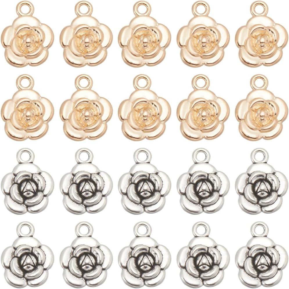 1 Box 60Pcs Rose Flower Charms Roses Charm Chic 3D Alloy Metal Light ...
