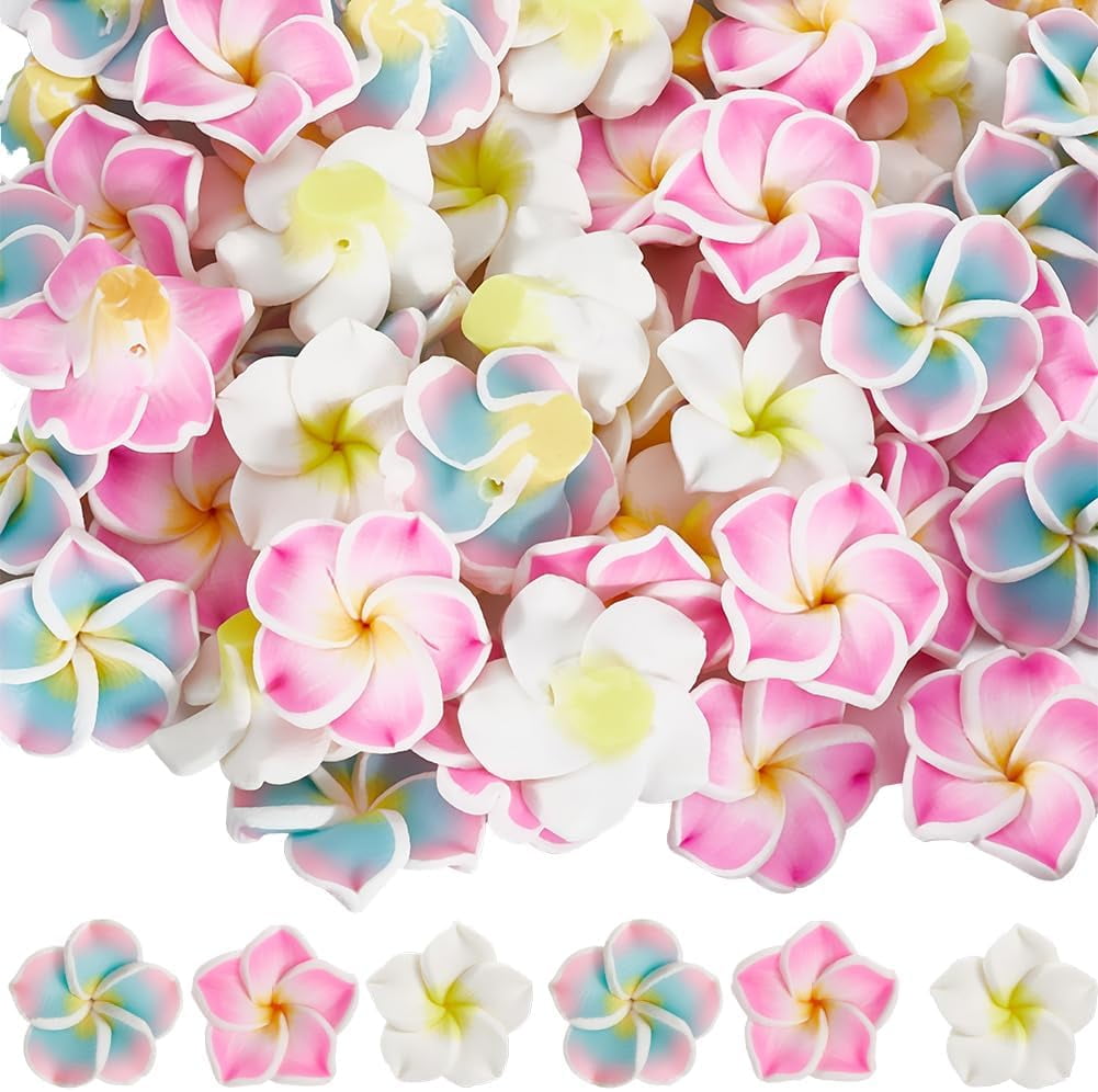 1 Box 60pcs 20mm Hawaiian Flower Beads Flowers Clay Beads Plumeria Frangipani Pink White Loose ...