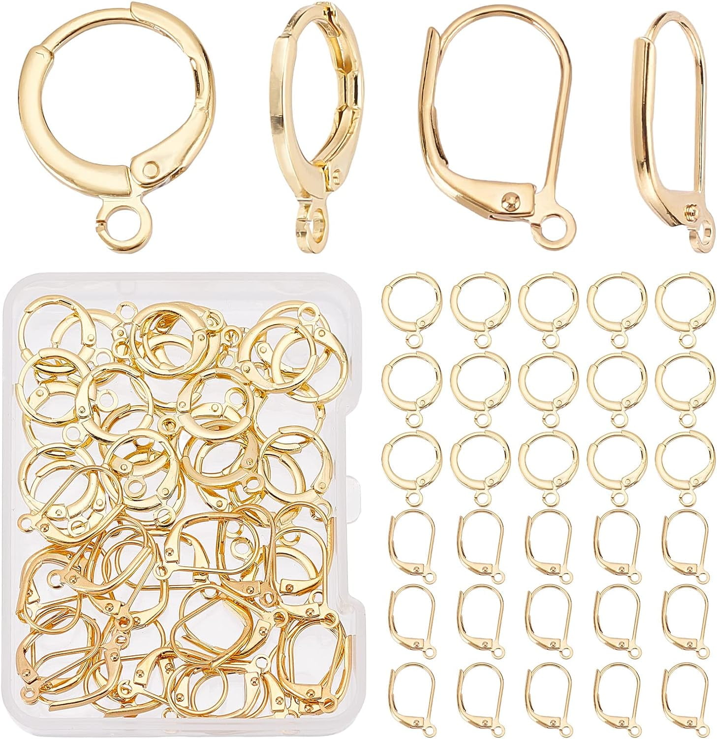 1 Box 60pcs Leverback Earring Hooks 2 Styles Round Real 18K Gold Plated ...
