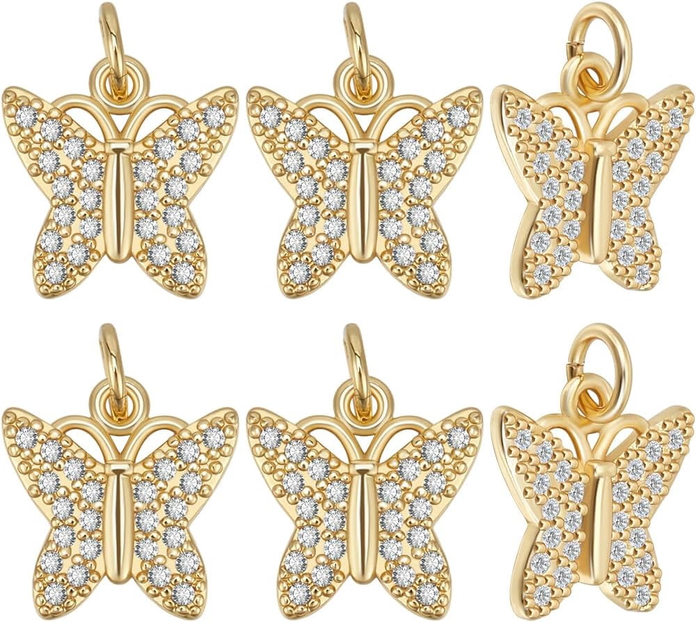 1 Box 6Pcs Cubic Zirconia Butterfly Charm 18K Gold Plated Brass Crystal ...