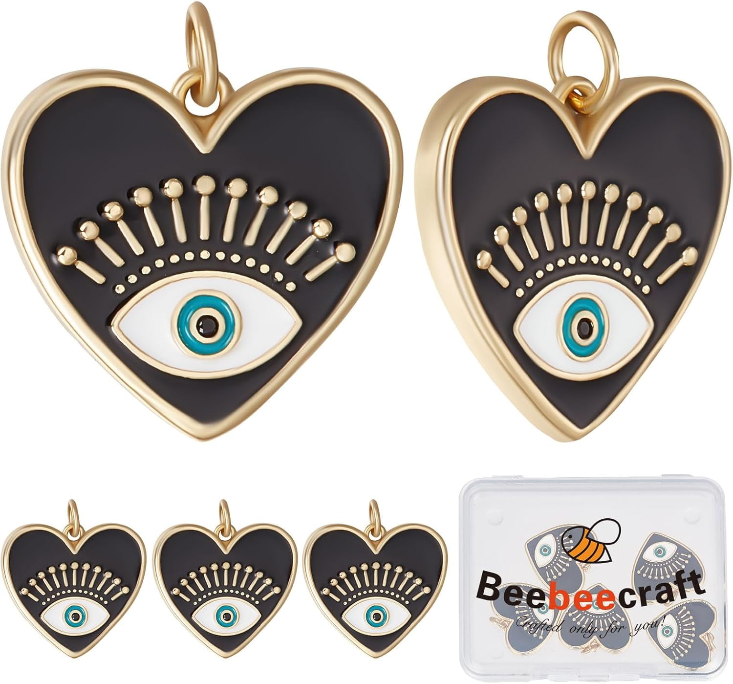 1 Box 6Pcs Heart with Eye Charms 18K Gold Plated Enamel Evil Eye ...