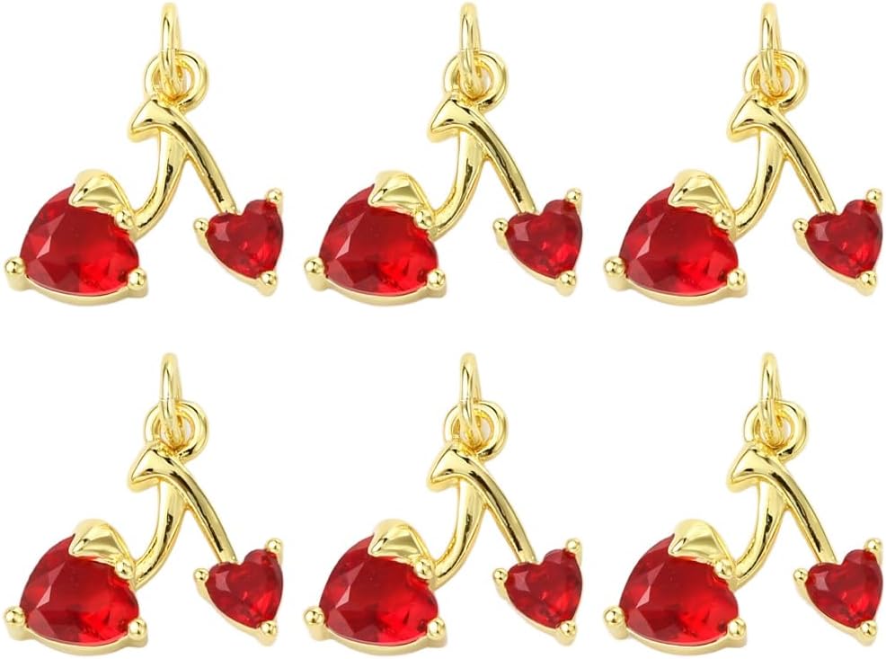 1 Box 6Pcs Real 18k Gold Plated Brass Red Cherry Charm Cubic Zirconia ...