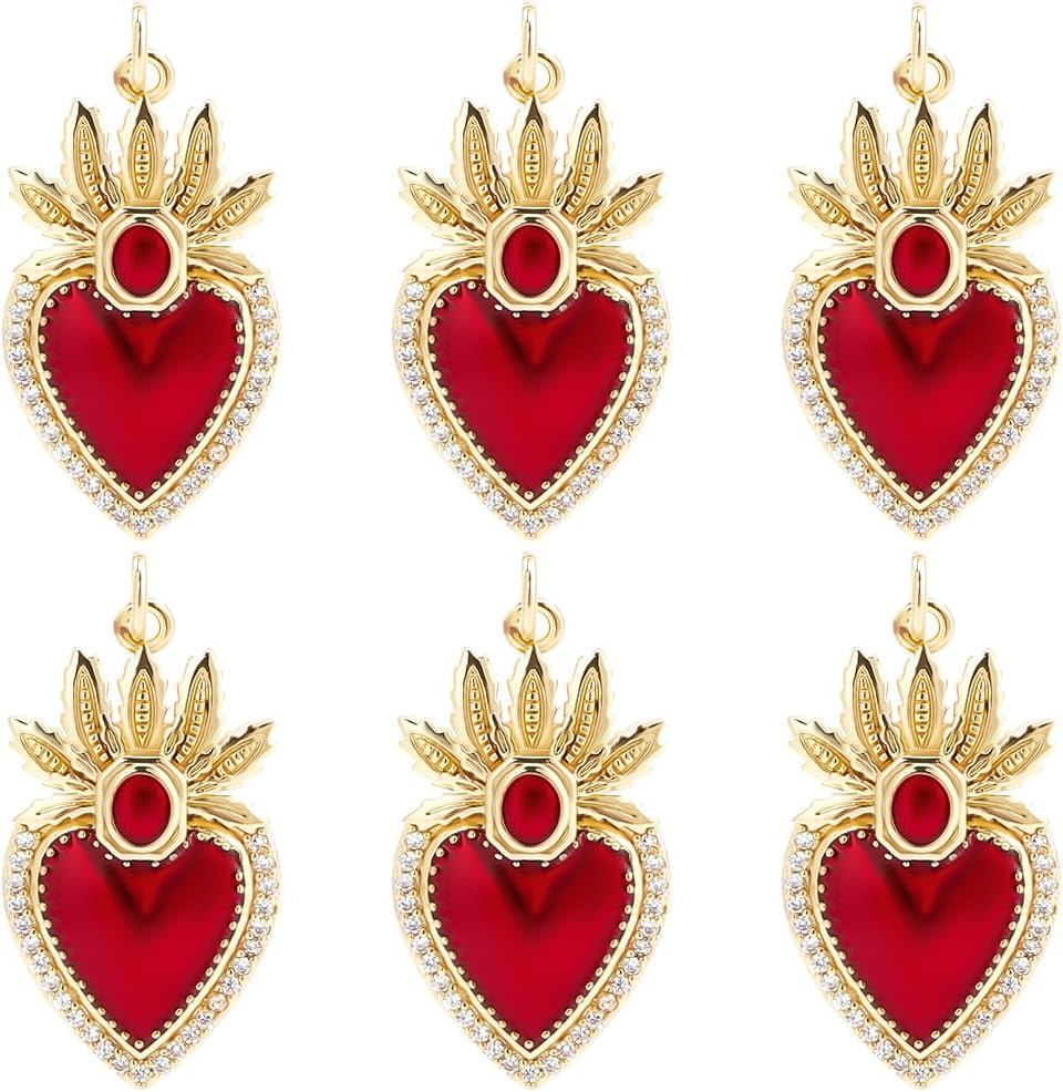 1 Box 6Pcs Red Heart Charms Real 18K Gold Plated Brass Cubic Zirconia ...