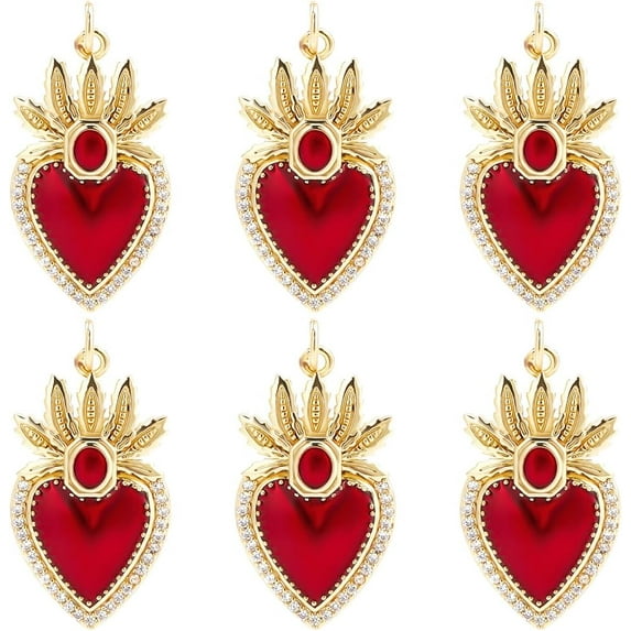 1 Box 6Pcs Red Heart Charms Real 18K Gold Plated Brass Cubic Zirconia ...