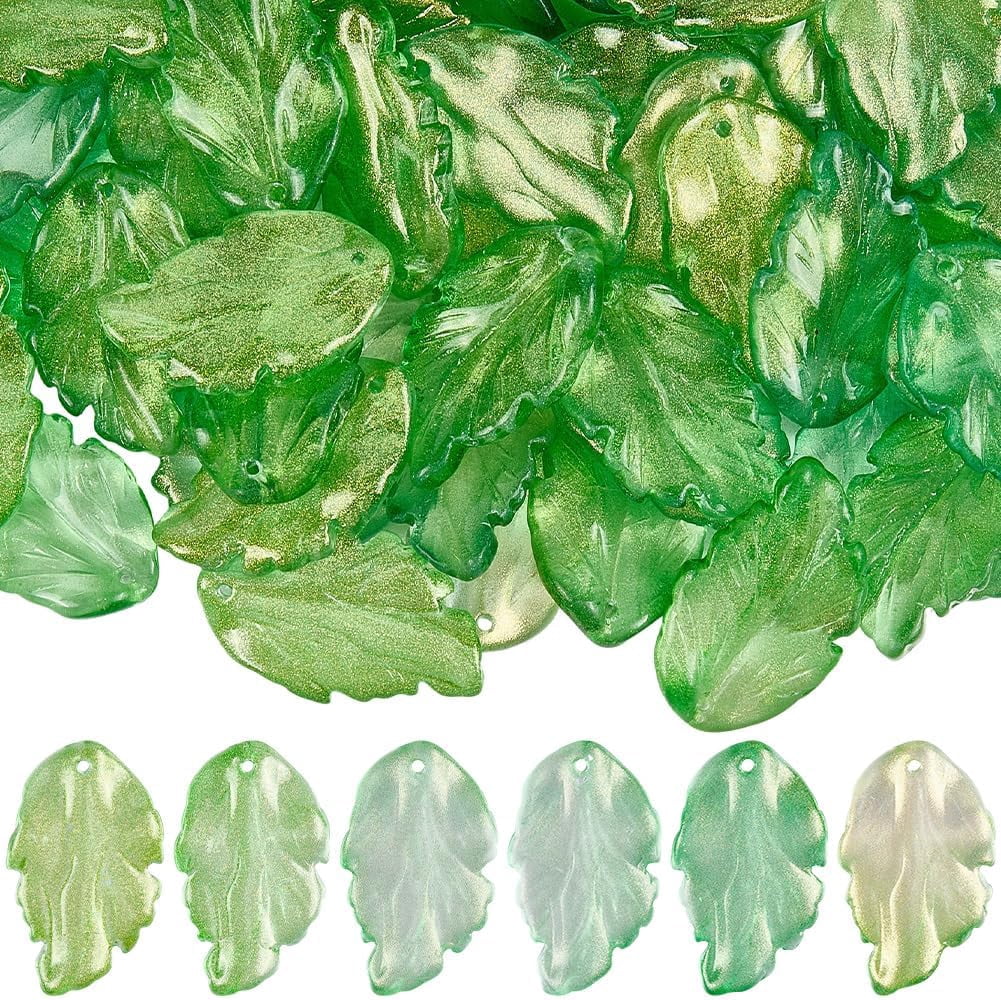 1 Box 70PCS Green Leaf Shape Glass Bead Leaves Top Drilled with Gold ...