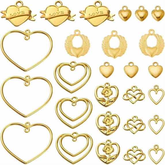 1 Box 72Pcs 9 Styles Heart Charms Gold Hearts Charm Bulk Alloy Flower ...