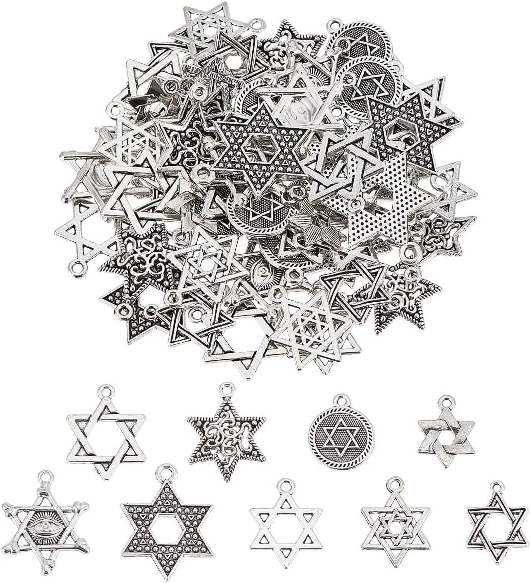1 Box 72Pcs 9 Styles Star of David Charms Magen David Star Charm Hexagram Tibetan Silver Six ...