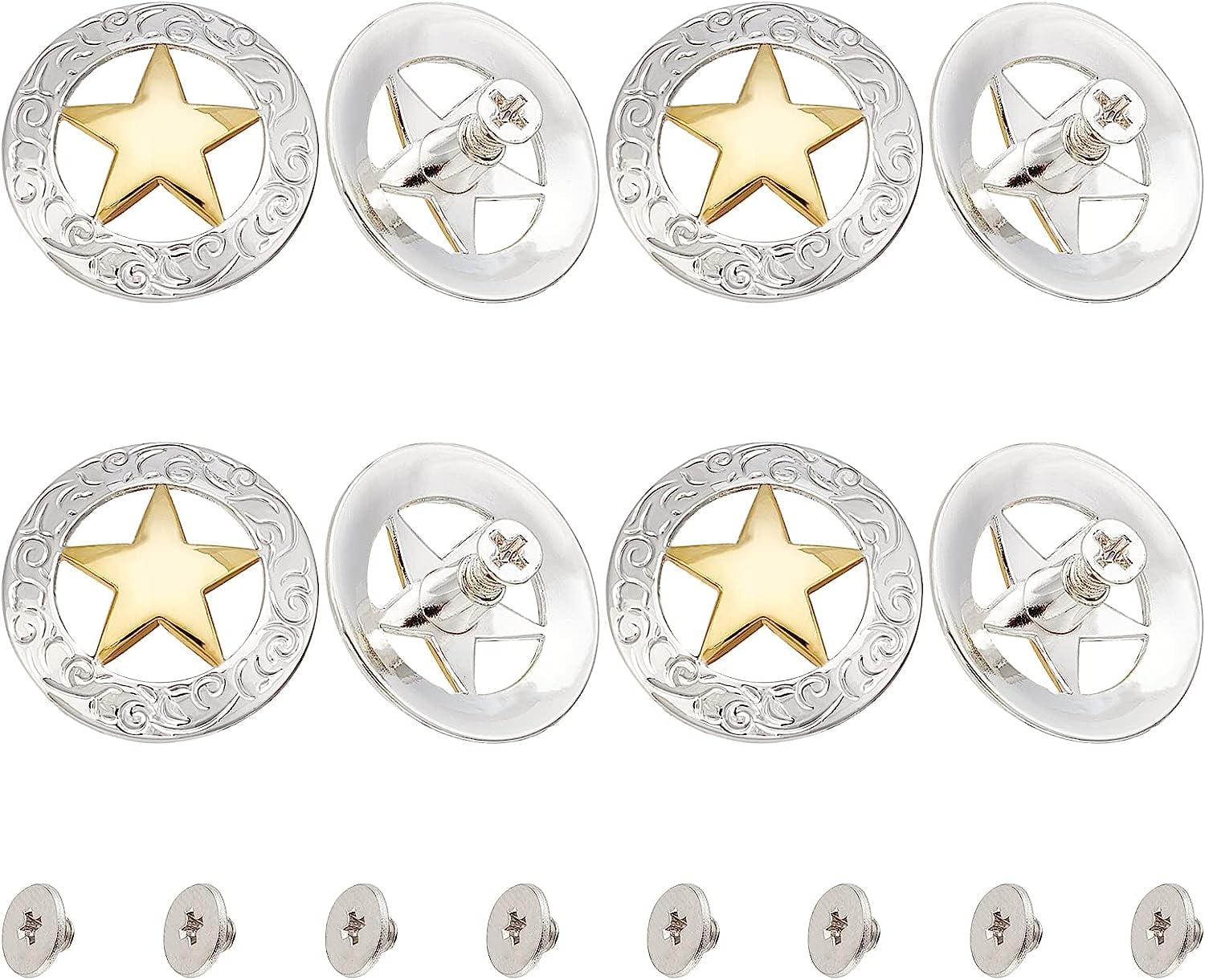 1 Box 8 Set Silver Engraved Gold Star Concho Screw Back Hollow Out ...