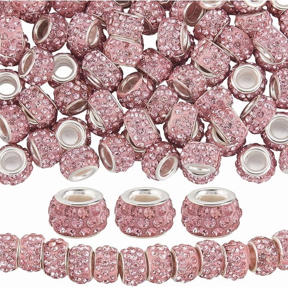 1 Box 80PCS Pink European Rhinestone Beads with Silver Plated Brass ...