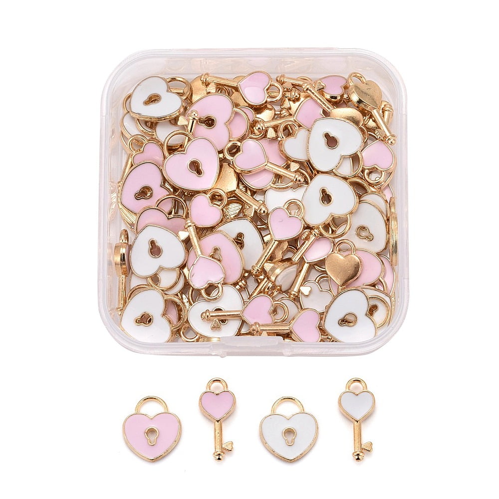 1 Box 80Pcs 4 Style Alloy Enamel Charms Heart Lock & Key Pink and White ...
