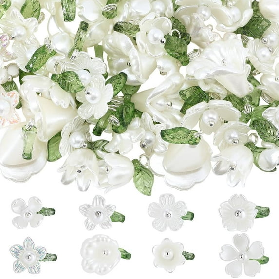 1 Box 80Pcs 8 Styles Acrylic Flower Charms Bulk Floral Charm with Pearl ...