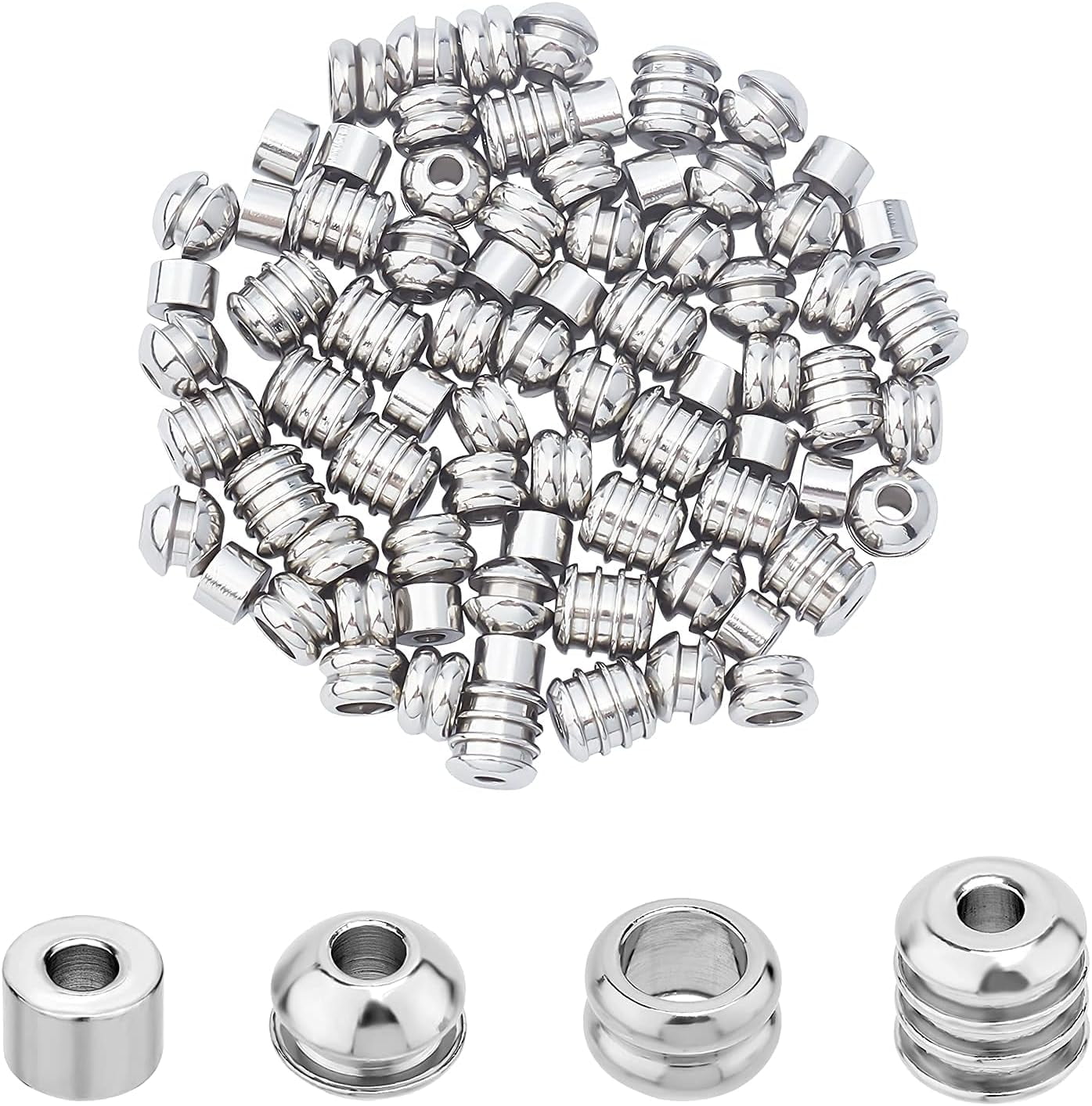 1 Box About 80pcs 4 Sizes Grooved Column/Column/Rondelle Metal Beads ...