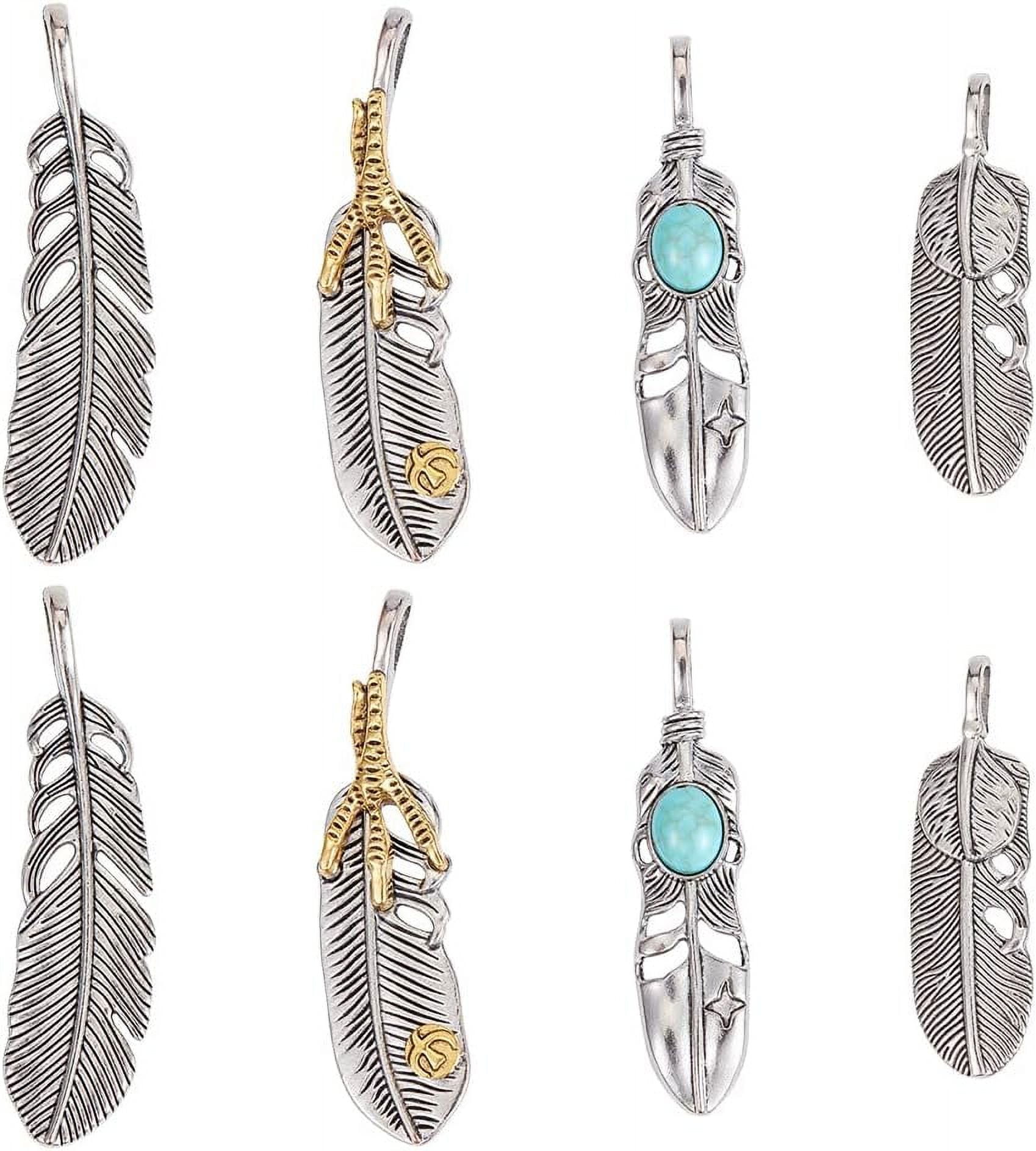 1 Box 8PCS Silver Golden Alloy Big Feather Turquoise Pendant Stainless ...