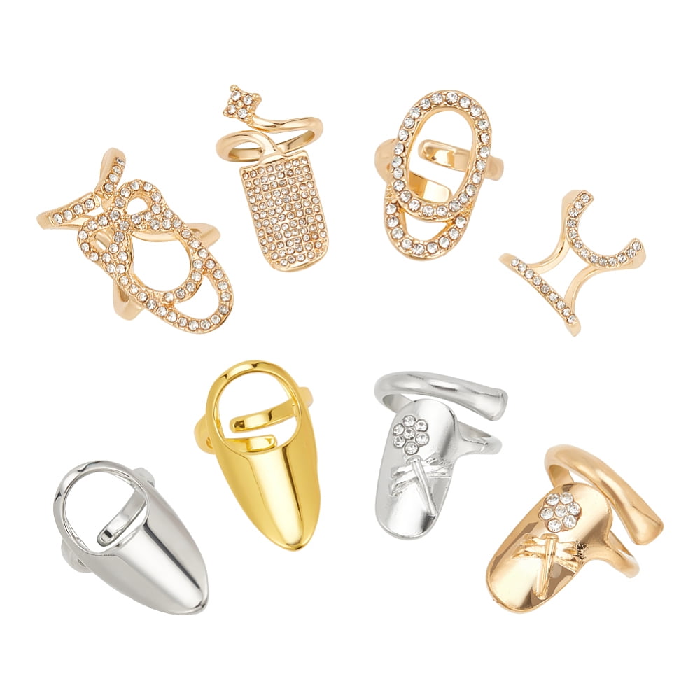 1 Box 8Pcs 8 Styles Alloy Rhinestone Finger Nail Tip Claw Rings ...