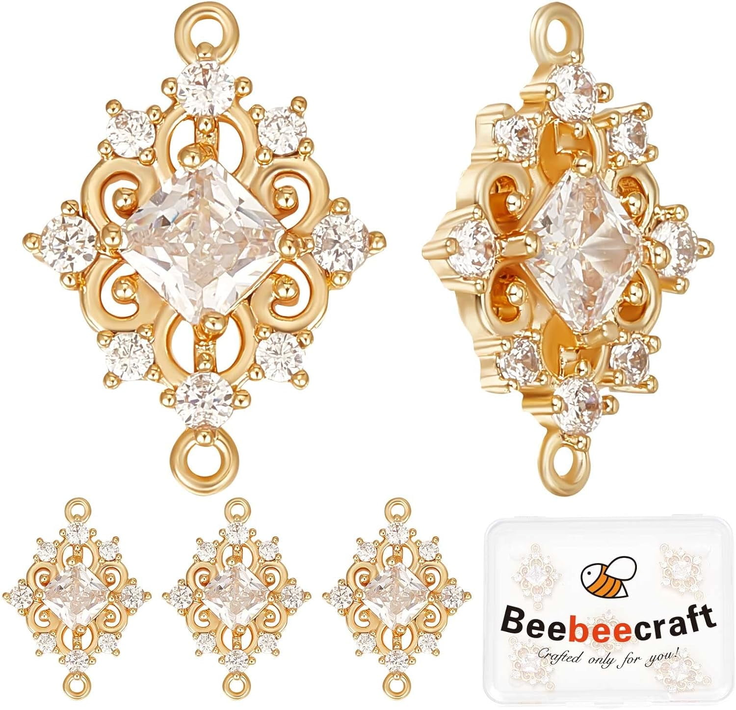 1 Box 8Pcs Connector Charms 18K Gold Plated Brass Cubic Zirconia ...