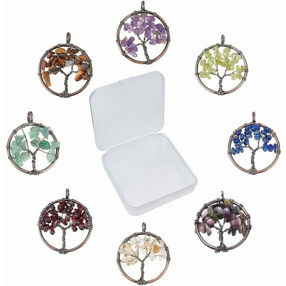 1 Box 8Pcs Tree of Life Charms Bulk Colorful Flat Round Hollow Healing ...