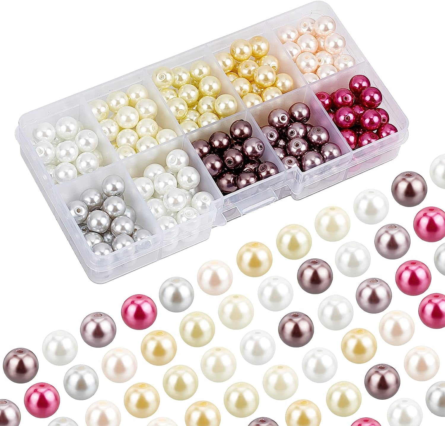 1 Box 8mm 230pcs Multicolor Glass Pearl Round Beads Tiny Satin Luster Loose Beads Assortment Mix ...