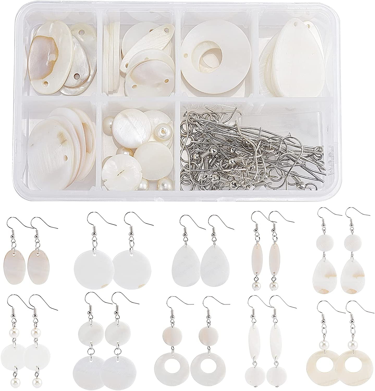 1 Box DIY 10 Pairs Shell Earring Making Kit Include Teardrop Flat Round ...