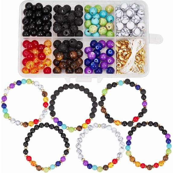 1 Box DIY 6 Sets 7 Stone Beads Bracelet Making Kit Black Stone Howlite ...