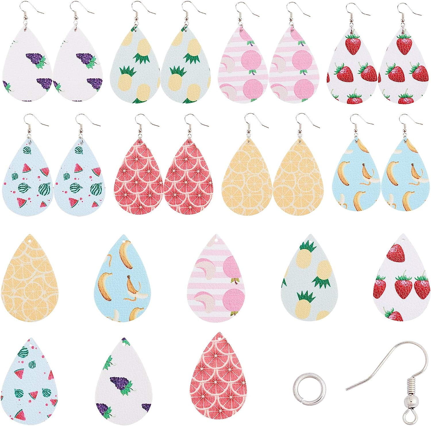 1 Box DIY 8 Pairs Fruit Printed Leather Earring Strawberry Lemon Fruit Themed Earring Making ...