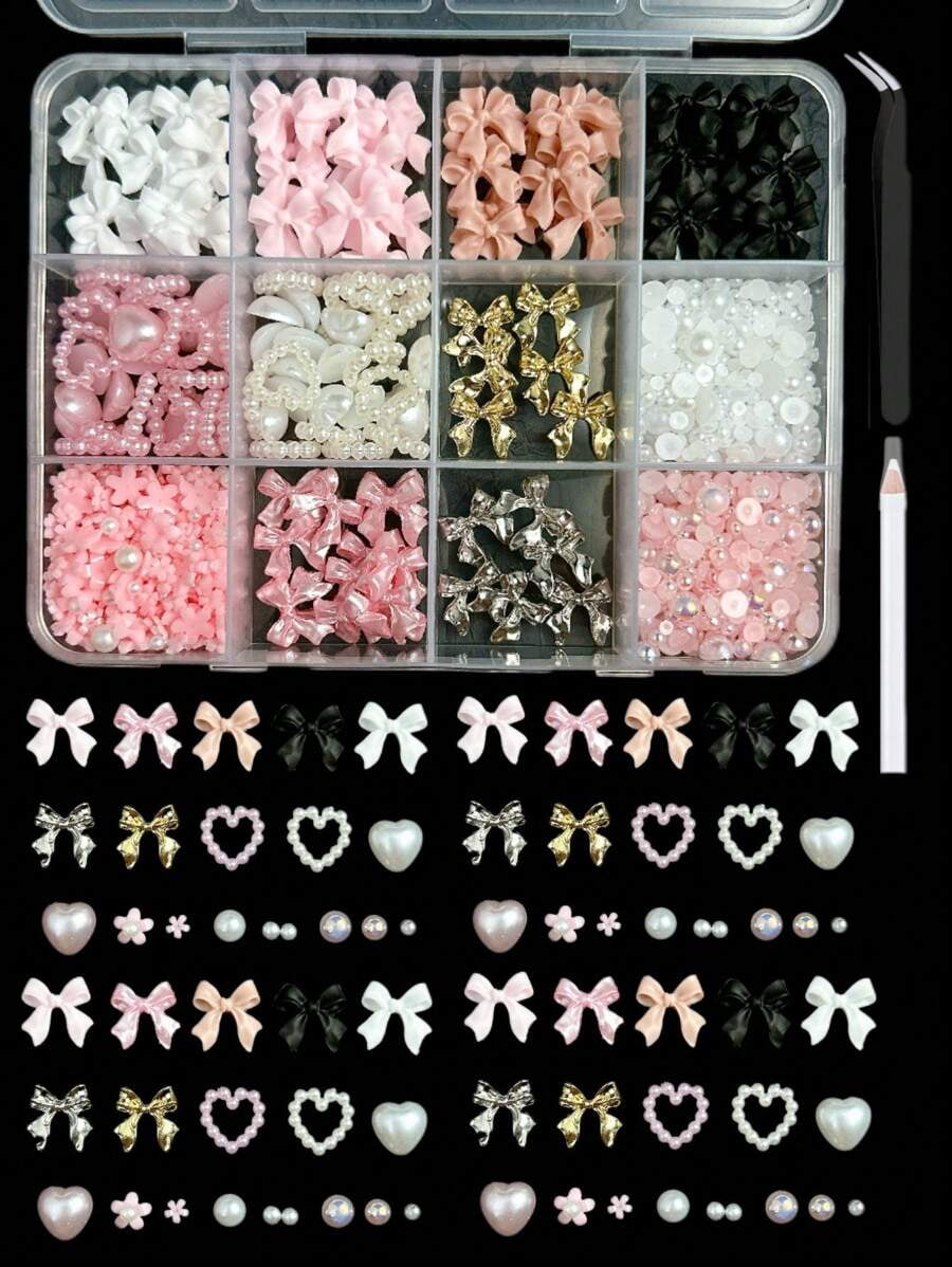 1 Box Random Mixed ABS Pearl Heart Bow Nail Art Decorations, 3D Alloy ...