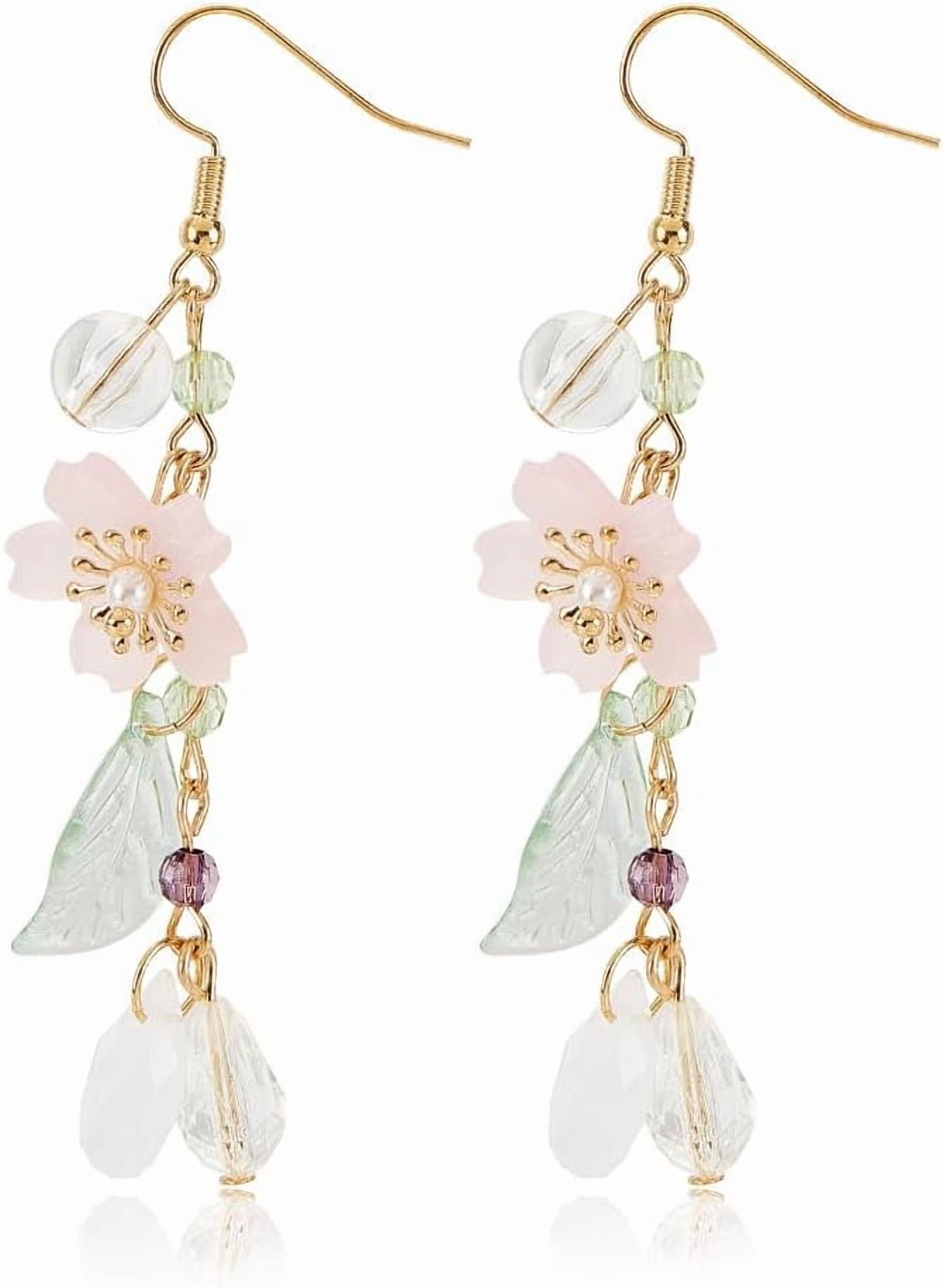 1 Box Resin Cherry Blossom Dangle Earrings Golden Alloy Long Drop ...