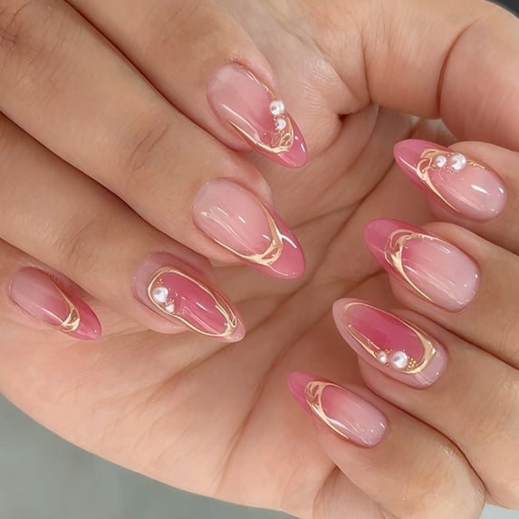 1 Box Versatile False Nails Almond Shape Gradient Gilded Nails Art for ...