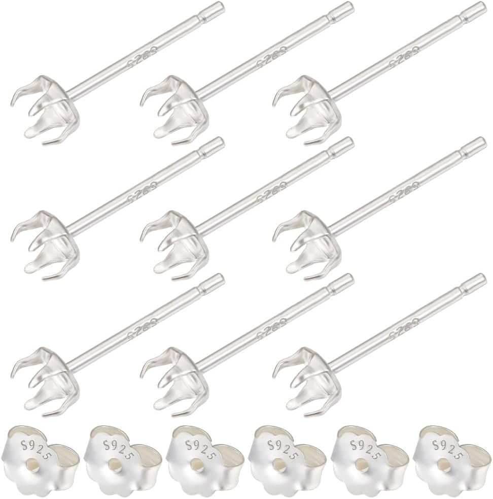 1 Box10Pcs Post Stud Earring Findings Sterling Silver Round Claw Prong ...