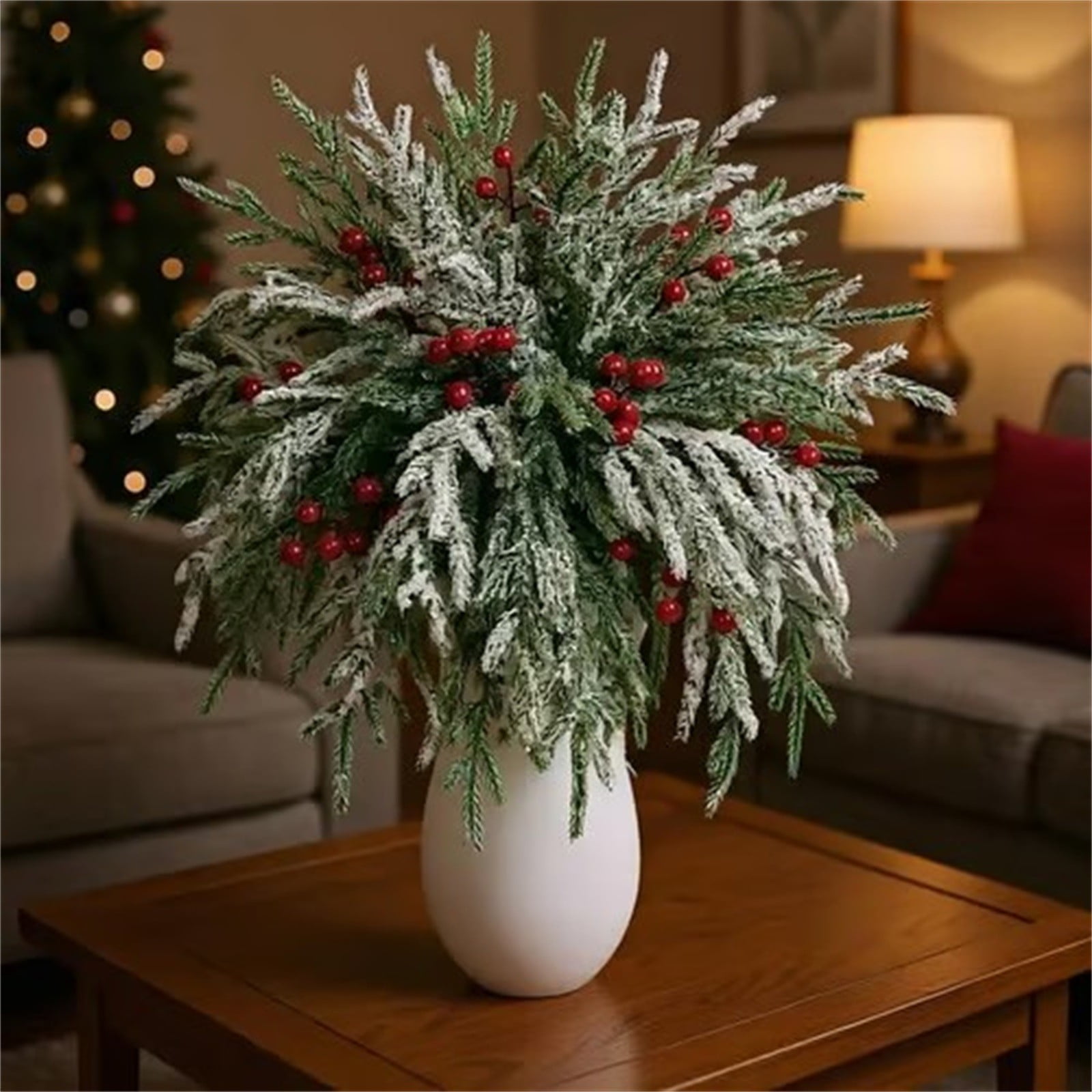 1 Bundle with 2 Stems Artificial Christmas Greenery with Red Berries ...