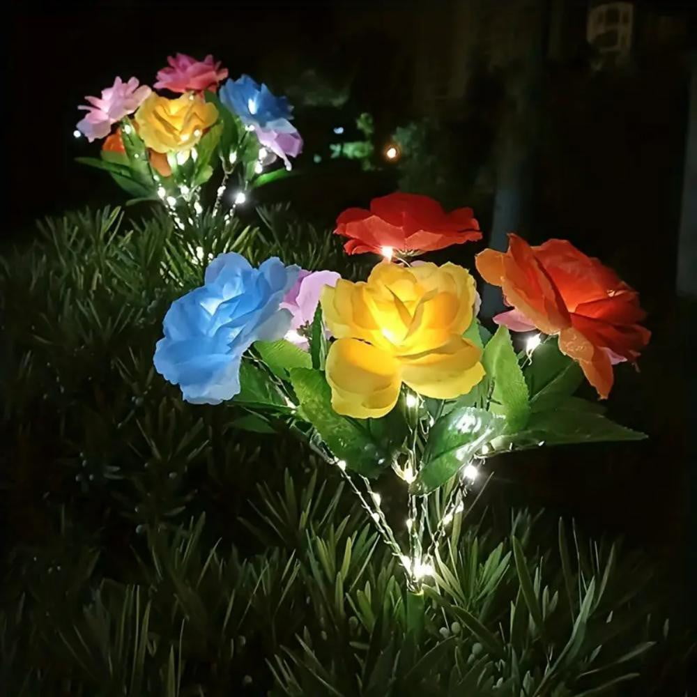 1 Bundle 7-Head Color Solar Rose Simulation Garden Light, LED Ground ...