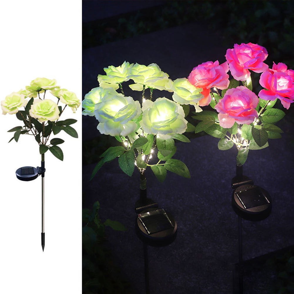 1 Bundle 7-Head Solar Rose Simulation Garden Light, LED Ground Inserted ...
