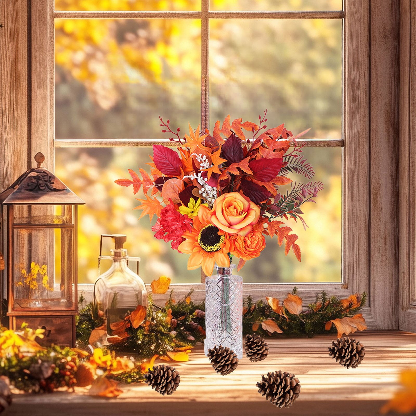 1 Bundles Fall Flowers Artificial Sunflowers Bouquet with Mums Maple ...