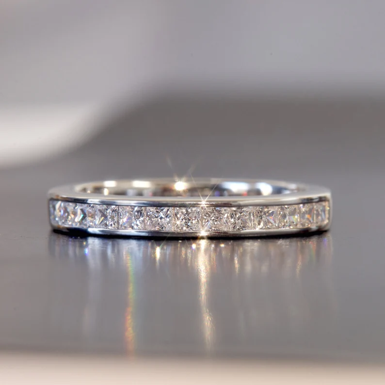 1 CT Princess Half Eternity Ring Platinum Plated Silver Band Wedding ...