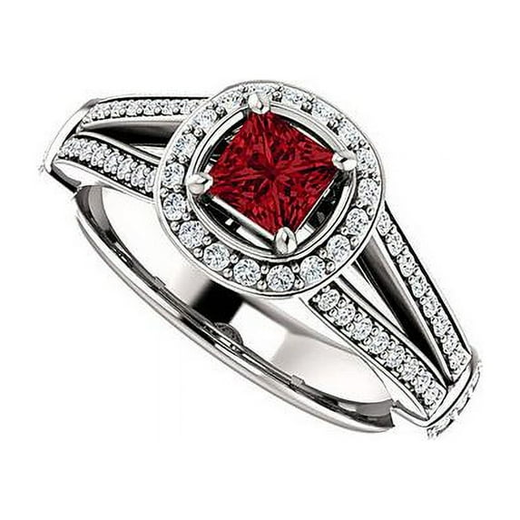 1 CT Sterling Silver Square Ruby Cubic Zirconia Split Shank Halo Ring ...