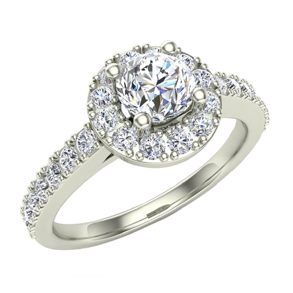 1 CT TW Round Cut Center Halo Diamond Engagement Ring Accented Side ...