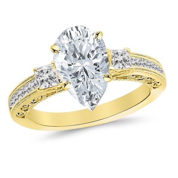 1 Carat 14K Yellow Gold Three 3 Stone Princess Cut Channel Set Pear Cut ...
